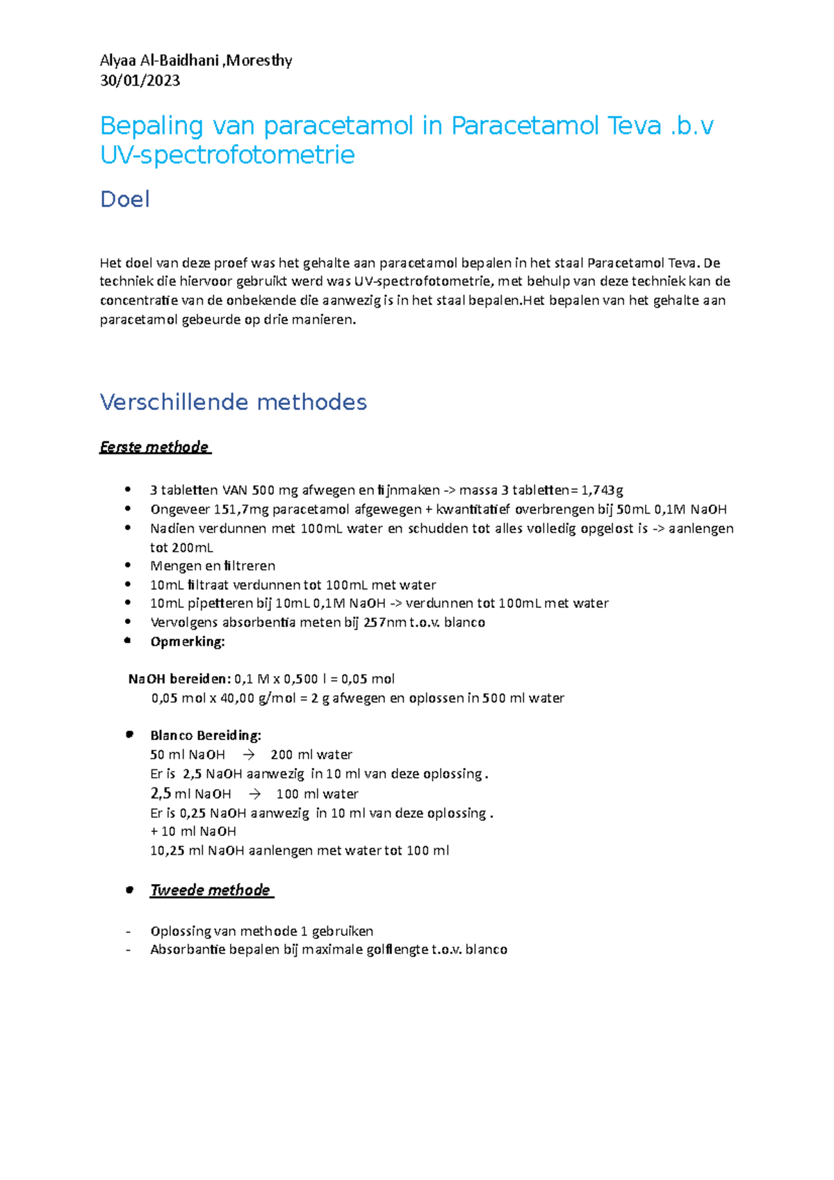 Verwerking spectromfotometer paracetmol - 30/01/ Bepaling van ...