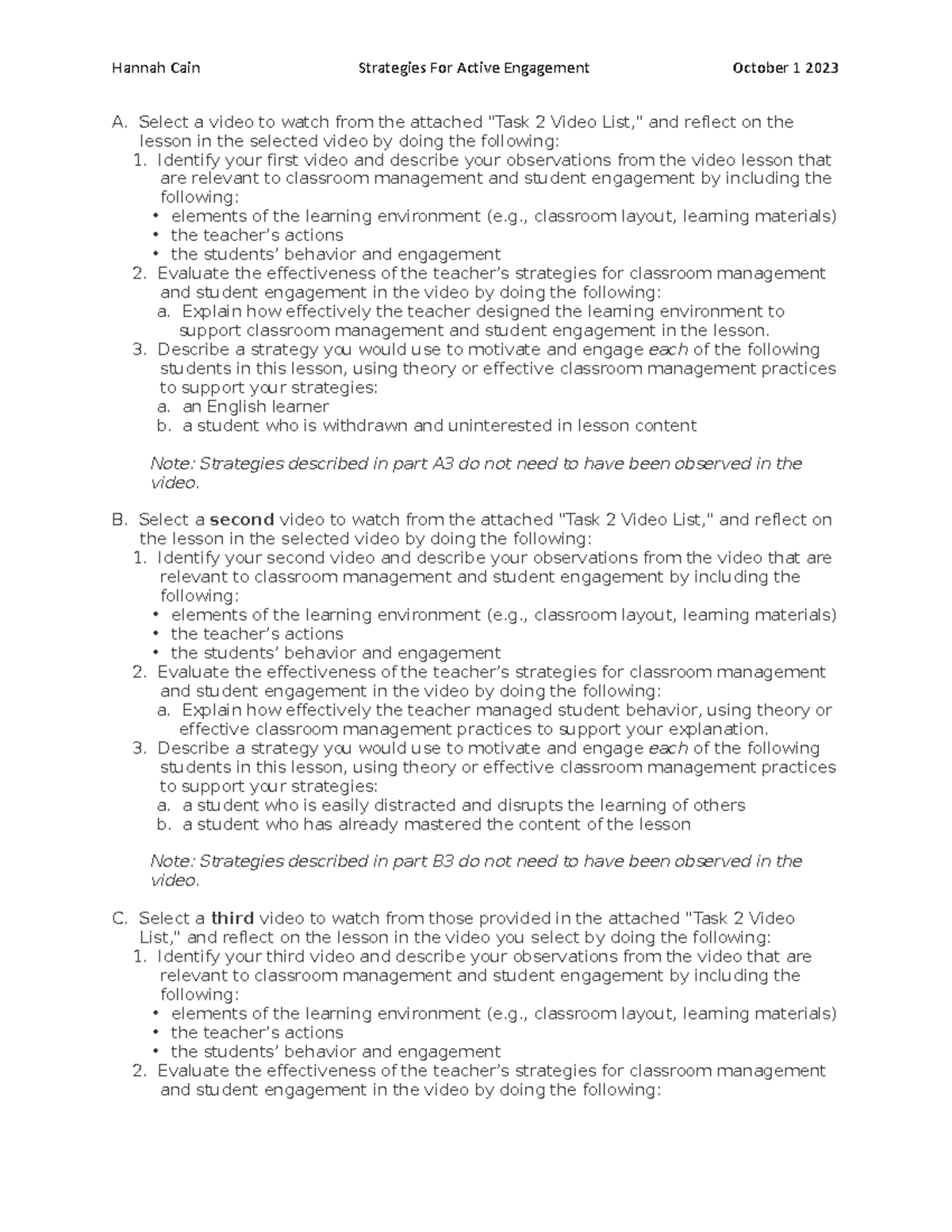 Task 2 Strategies for Active Engagement - A. Select a video to watch ...