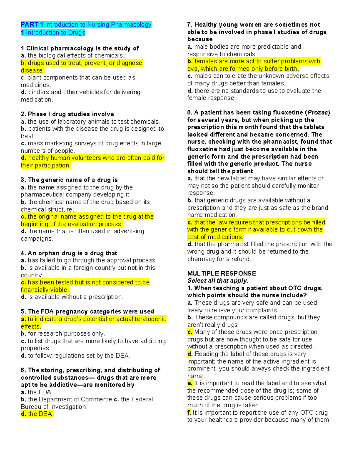 PART 1 answers pharmacology - PART 1 Introduction to Nursing ...