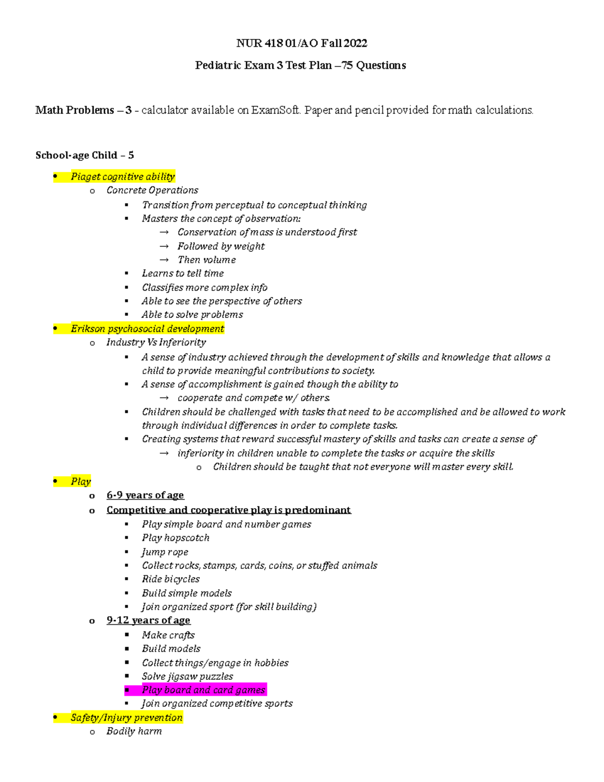Peds Exam 3 - notes - NUR 418 01/AO Fall 2022 Pediatric Exam 3 Test ...