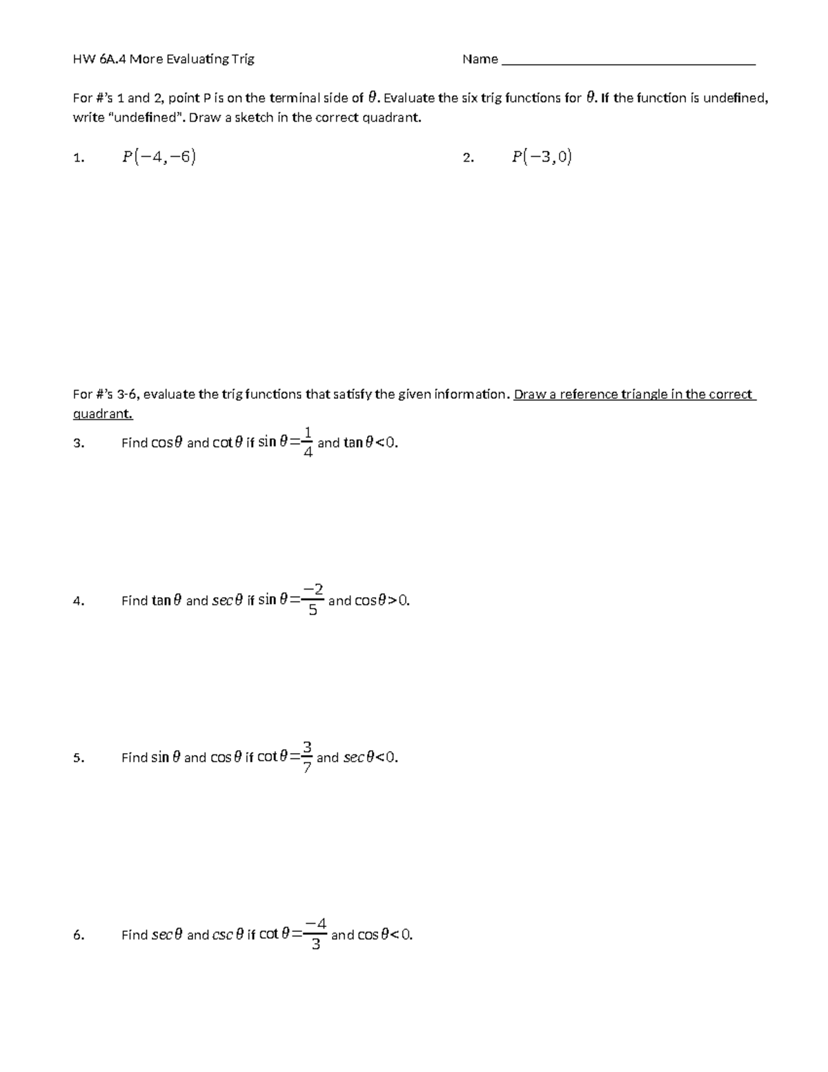 HW 6A.4 More Evaluating Trig Functions - HW 6A More Evaluating Trig ...