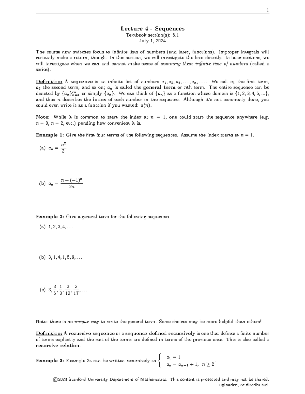 Lecture 4 - math21 - Lecture 4 - Sequences Textbook section(s): 5. July 1, 2024 The course now ...