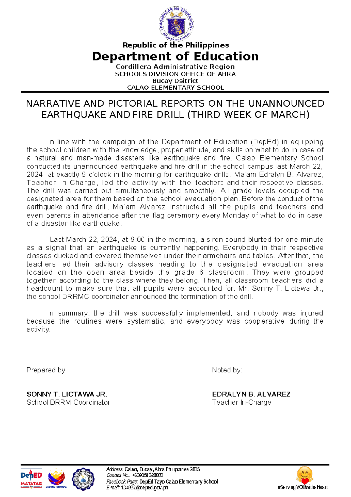 Unannounced Narative Report 3RD WEEK March - Address: Calao, Bucay ...
