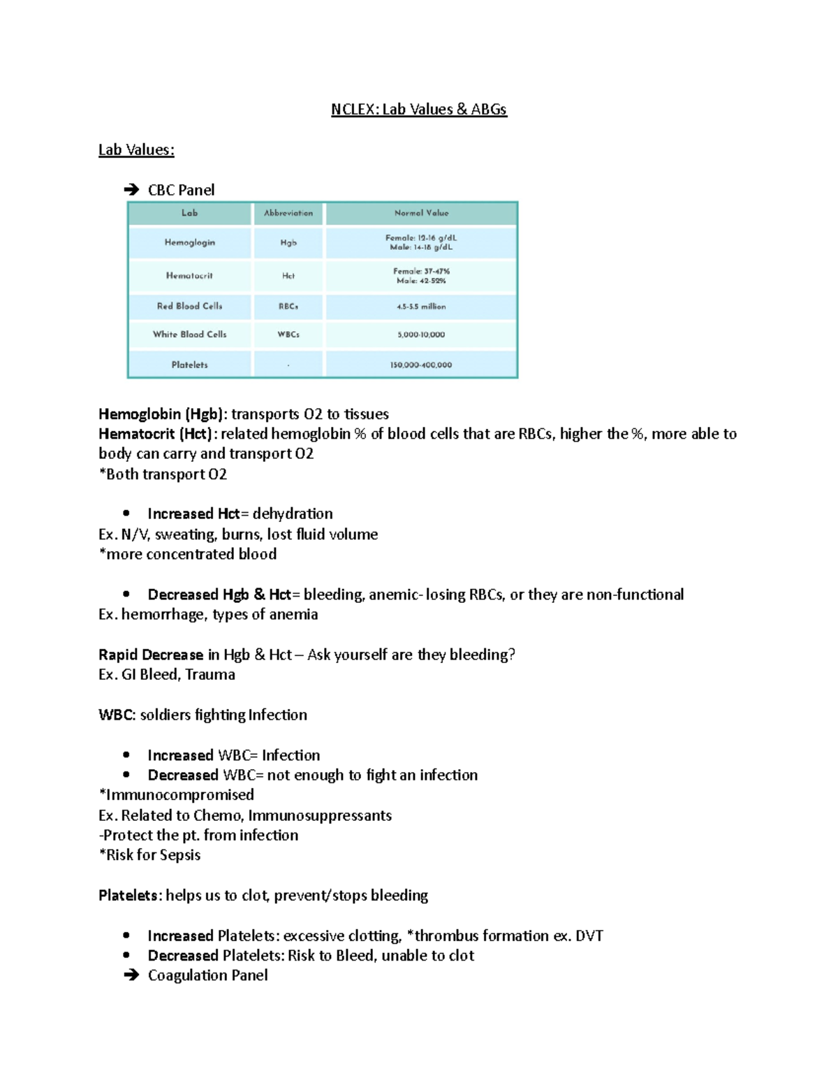 Nclex- Lab Values, ABGs - NCLEX: Lab Values & ABGs Lab Values: CBC ...