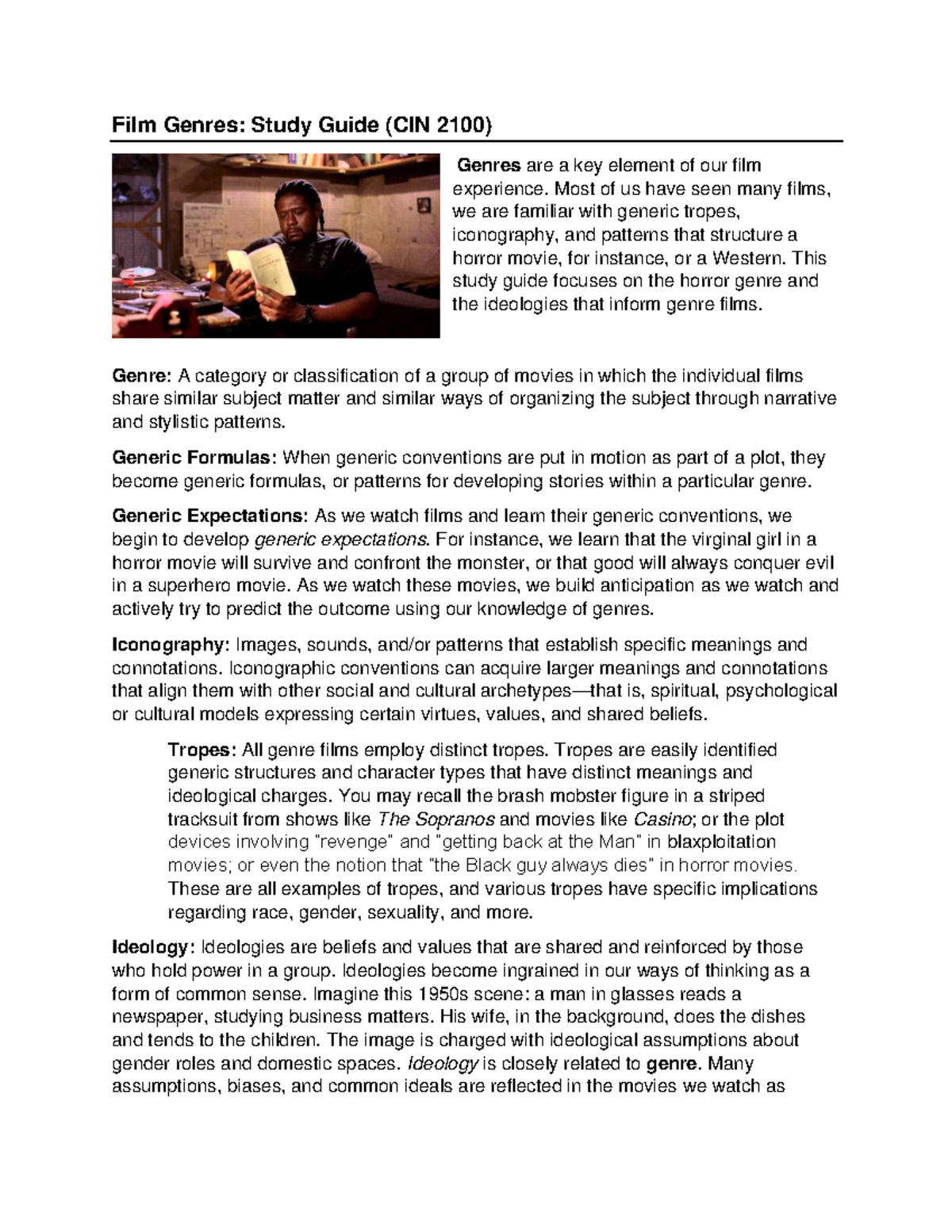 FLM 2100- Genre Study Guide Part 2 - Film Genres: Study Guide (CIN 2100 ...