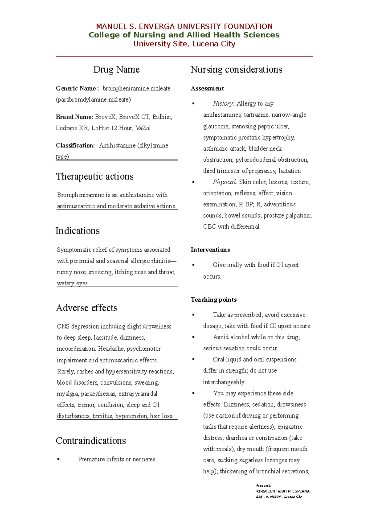 Brompheniramine maleate - DRUG Study - MANUEL S. ENVERGA UNIVERSITY ...