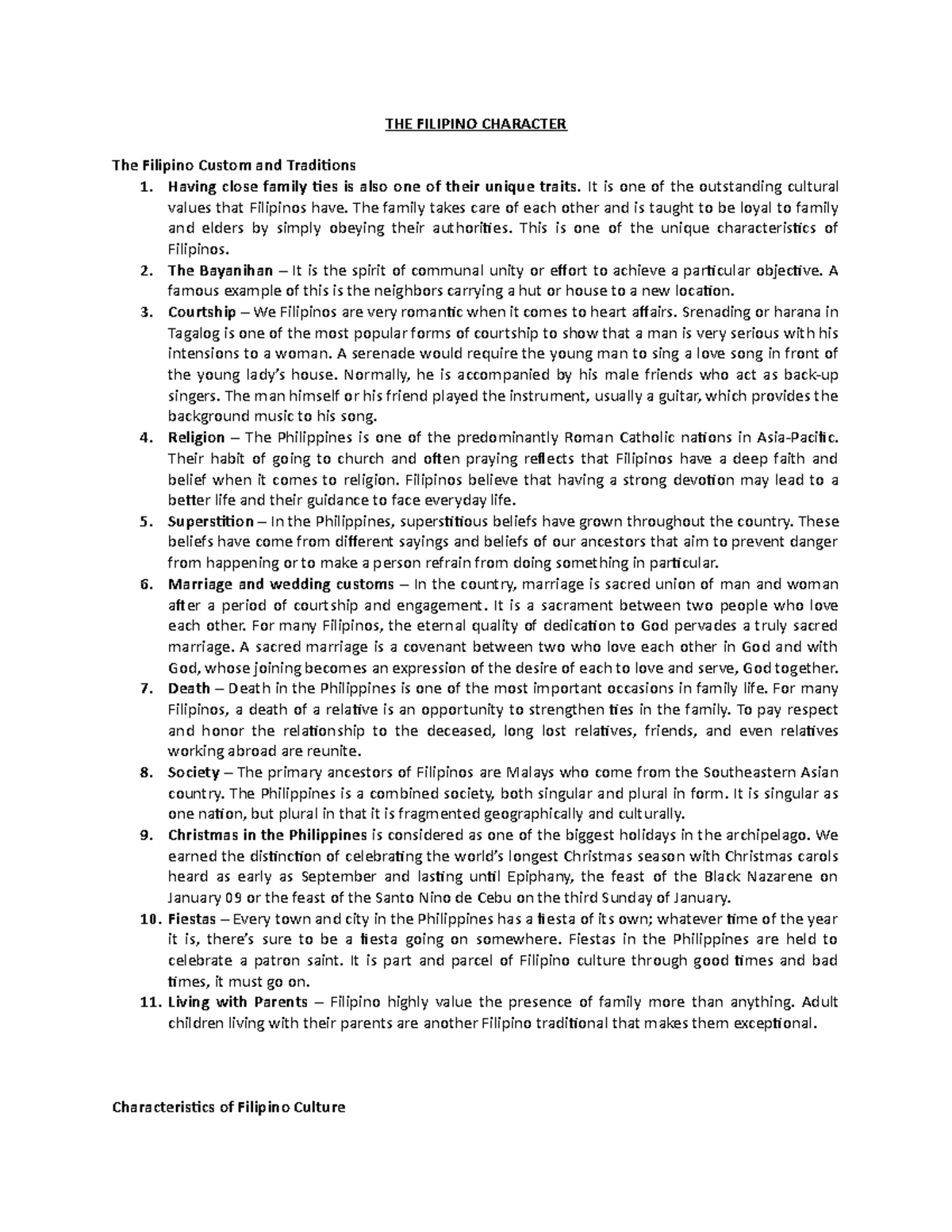 The Filipino Character - THE FILIPINO CHARACTER The Filipino Custom and ...