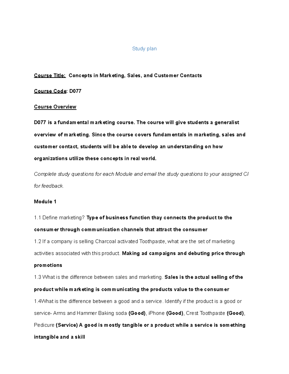 Study plan-4 - Study plan Course Title: Concepts in Marketing, Sales ...