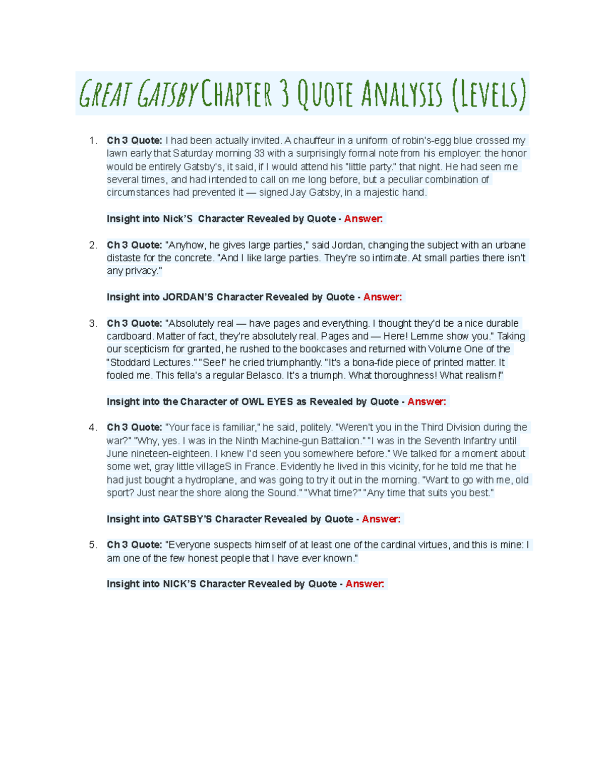Copy of Great Gatsby Chapter 3 Quote Analysis (Levels) - Ch 3 Quote: I ...