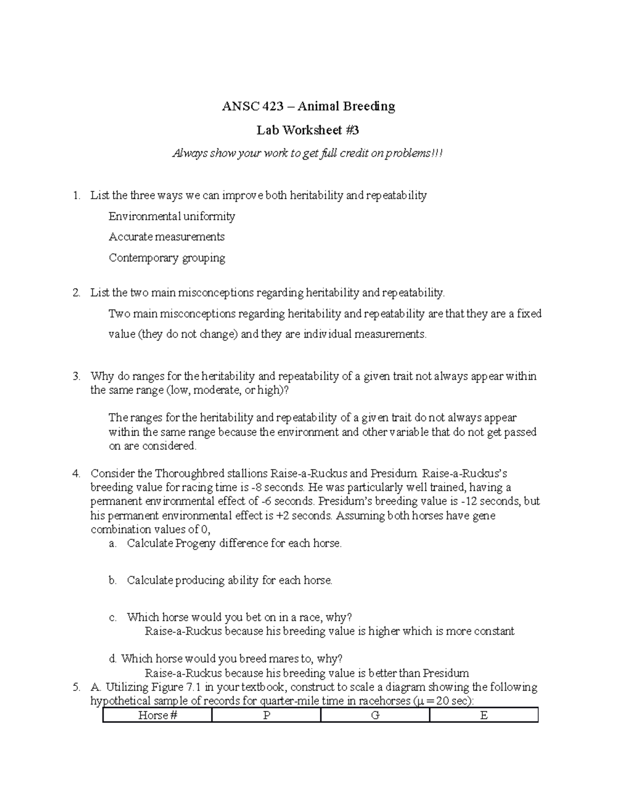 Lab worksheet 3 - ANSC 423 – Animal Breeding Lab Worksheet Always show ...