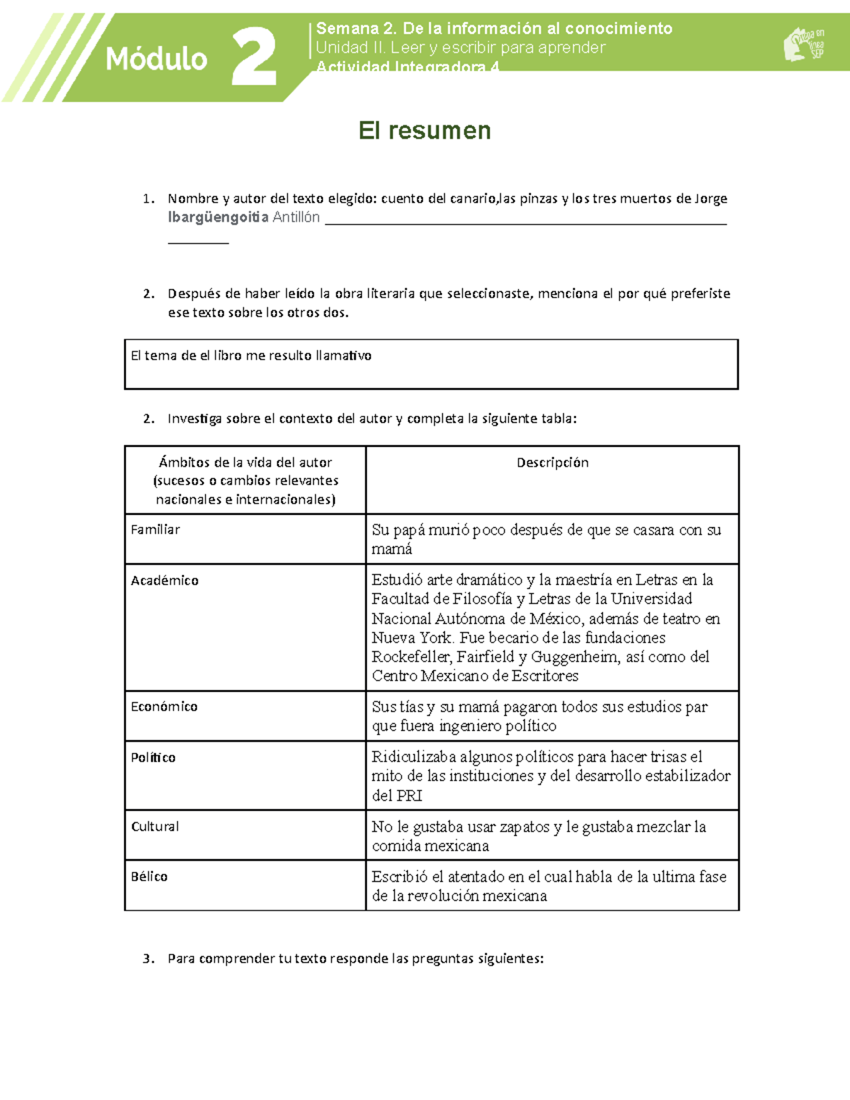M02 S2 AI4 - modulo 2 - El resumen 1. Nombre y autor del texto elegido: cuento del canario,las ...