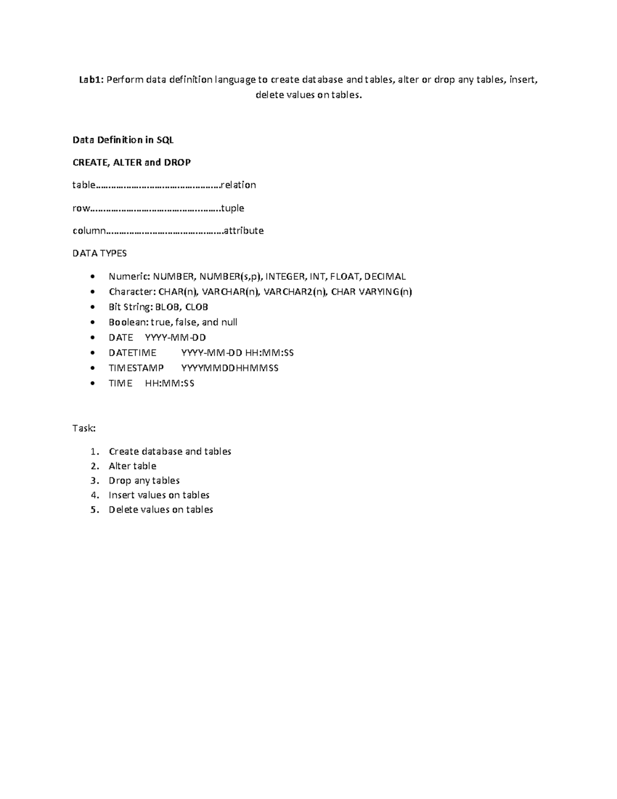 Lab1 Basic Commands Of Mysql Database In Shell Lab1 Perform Data Definition Language To