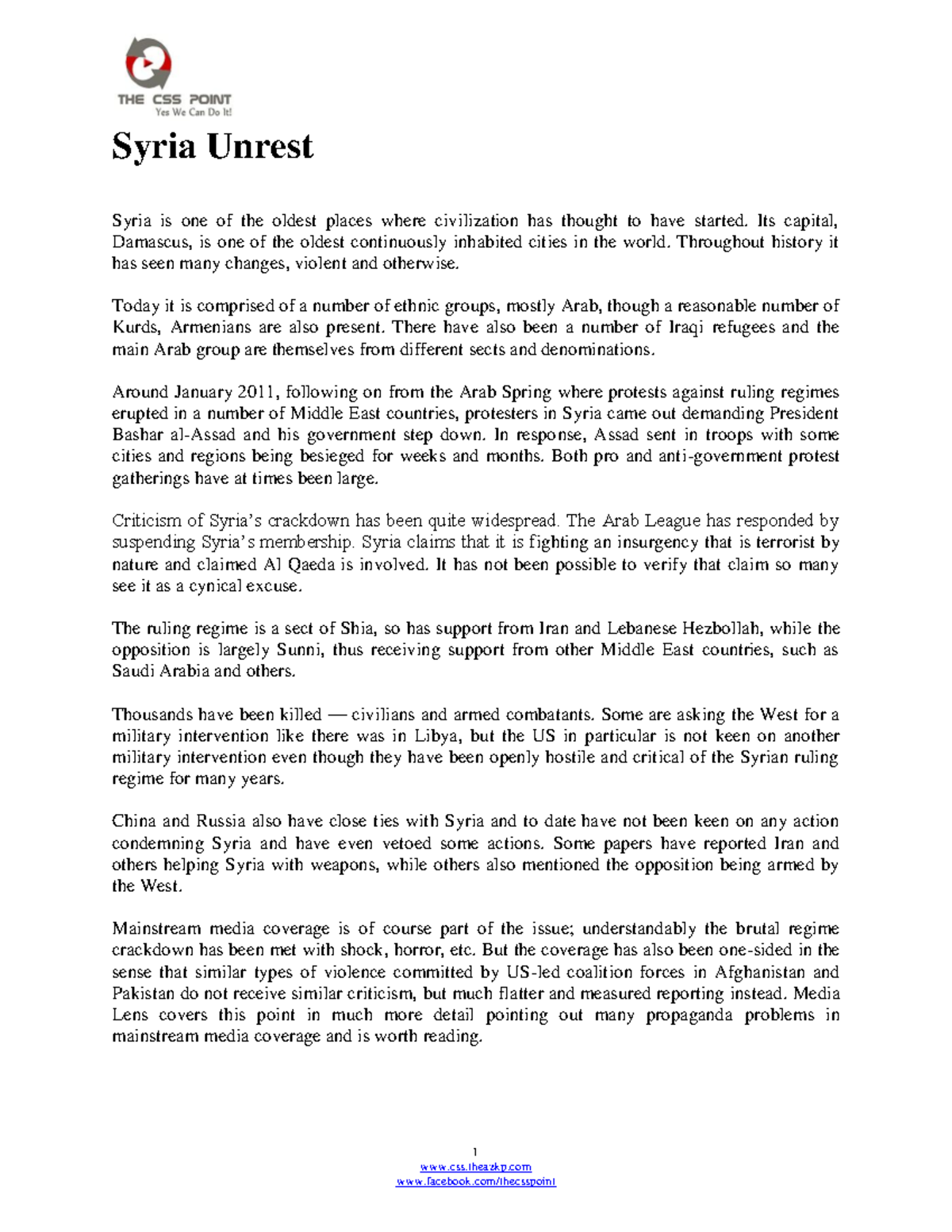 Syria Unrest - Introduction - 1 css.theazkp facebook/thecsspoint Syria ...