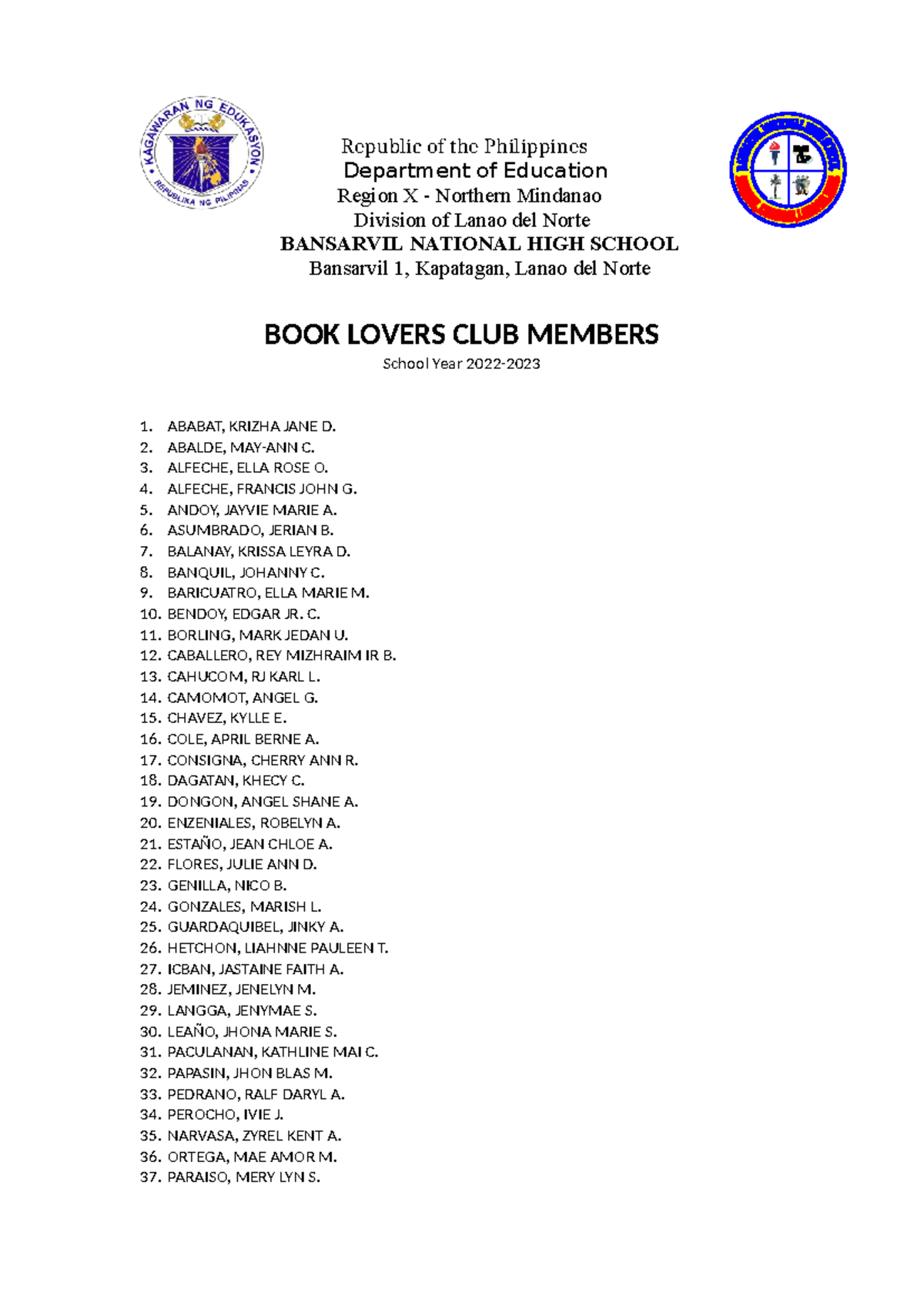 BLC LIST OF Officers 2023 - Republic of the Philippines Department of ...