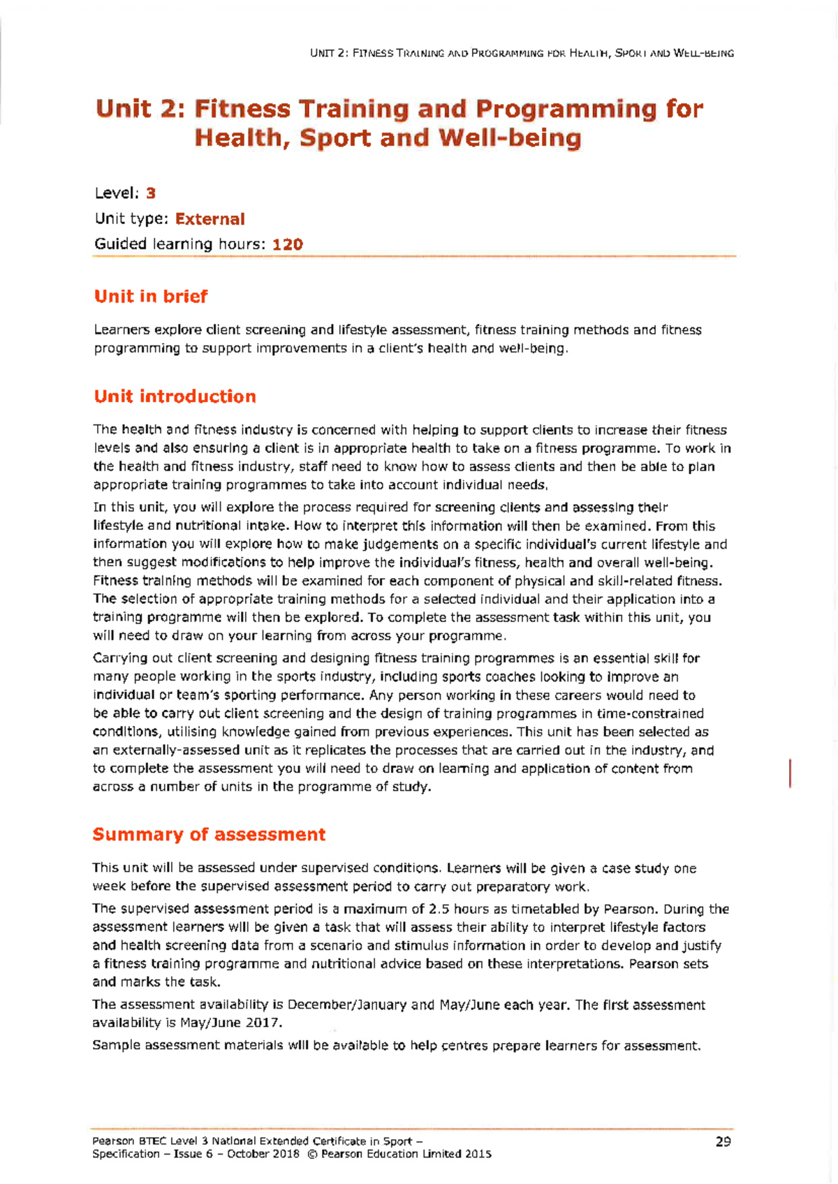 Sport BTEC Unit 2 Content - ACFI 2208 - Studocu