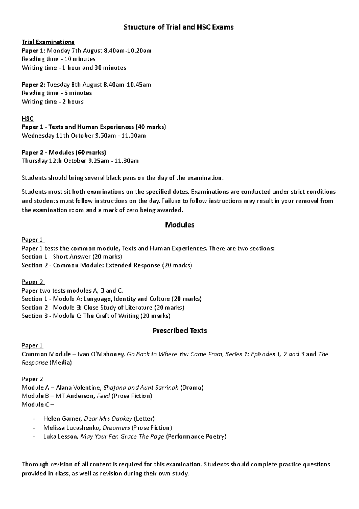 HSC Exam Summary - Structure of Trial and HSC Exams Trial Examina琀椀ons ...