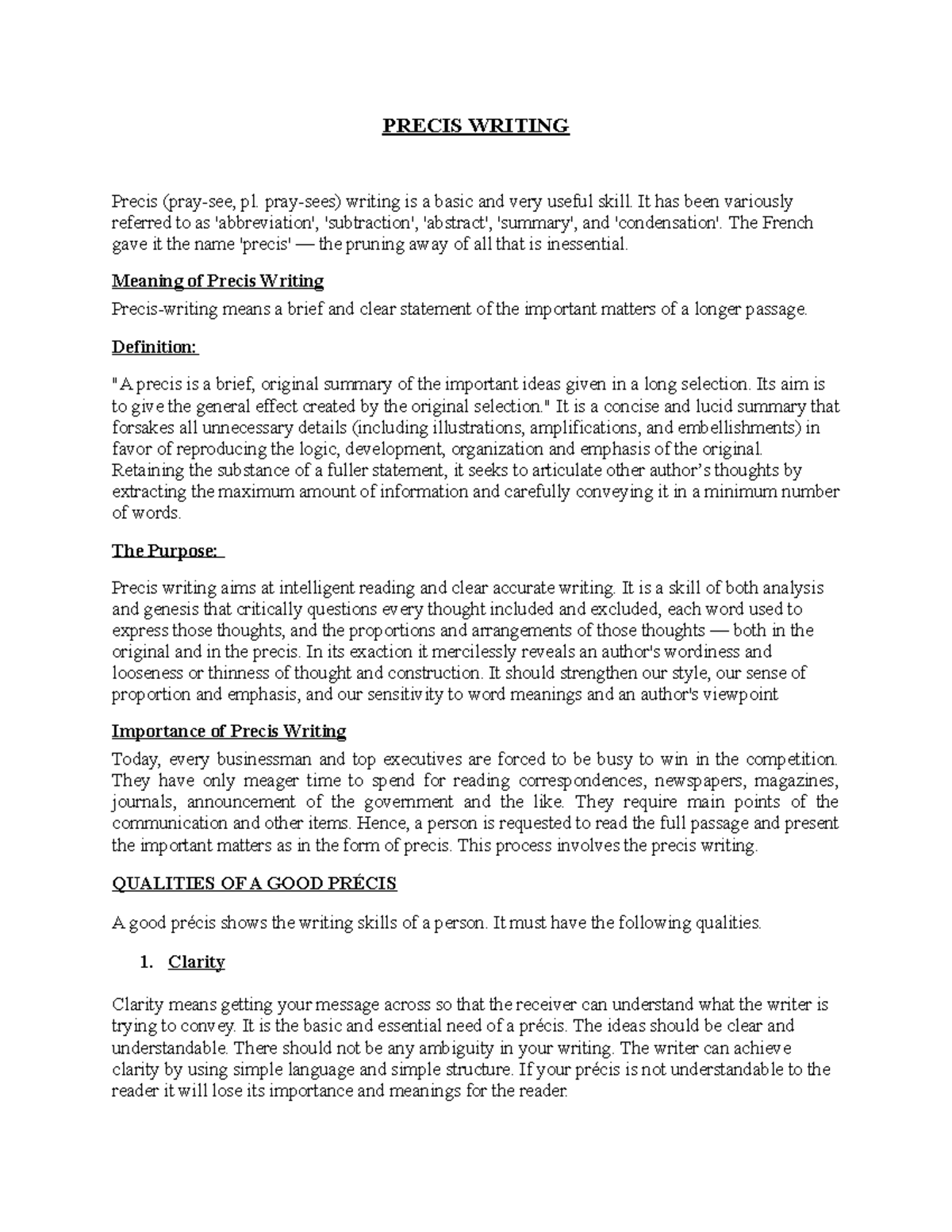 Precis Writing - Good to read - PRECIS WRITING Precis (pray-see, pl ...