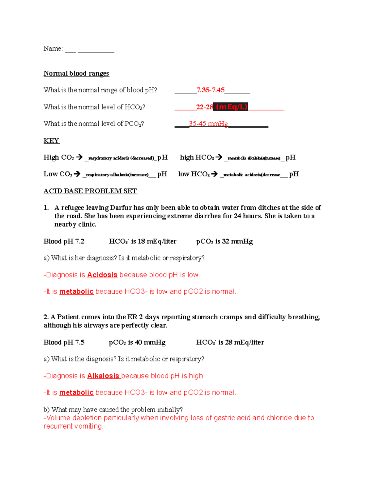 Acid base problem 2020 - Name: ___ __________ Normal blood ranges What ...