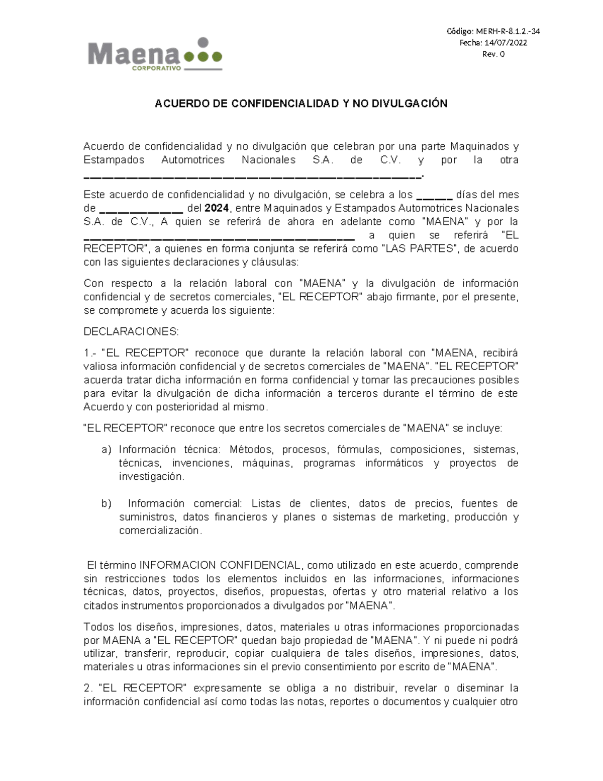 40 Acuerdo De Confidencialidad Y No Divulgación (MERH-R-8 - Fecha: 14 ...