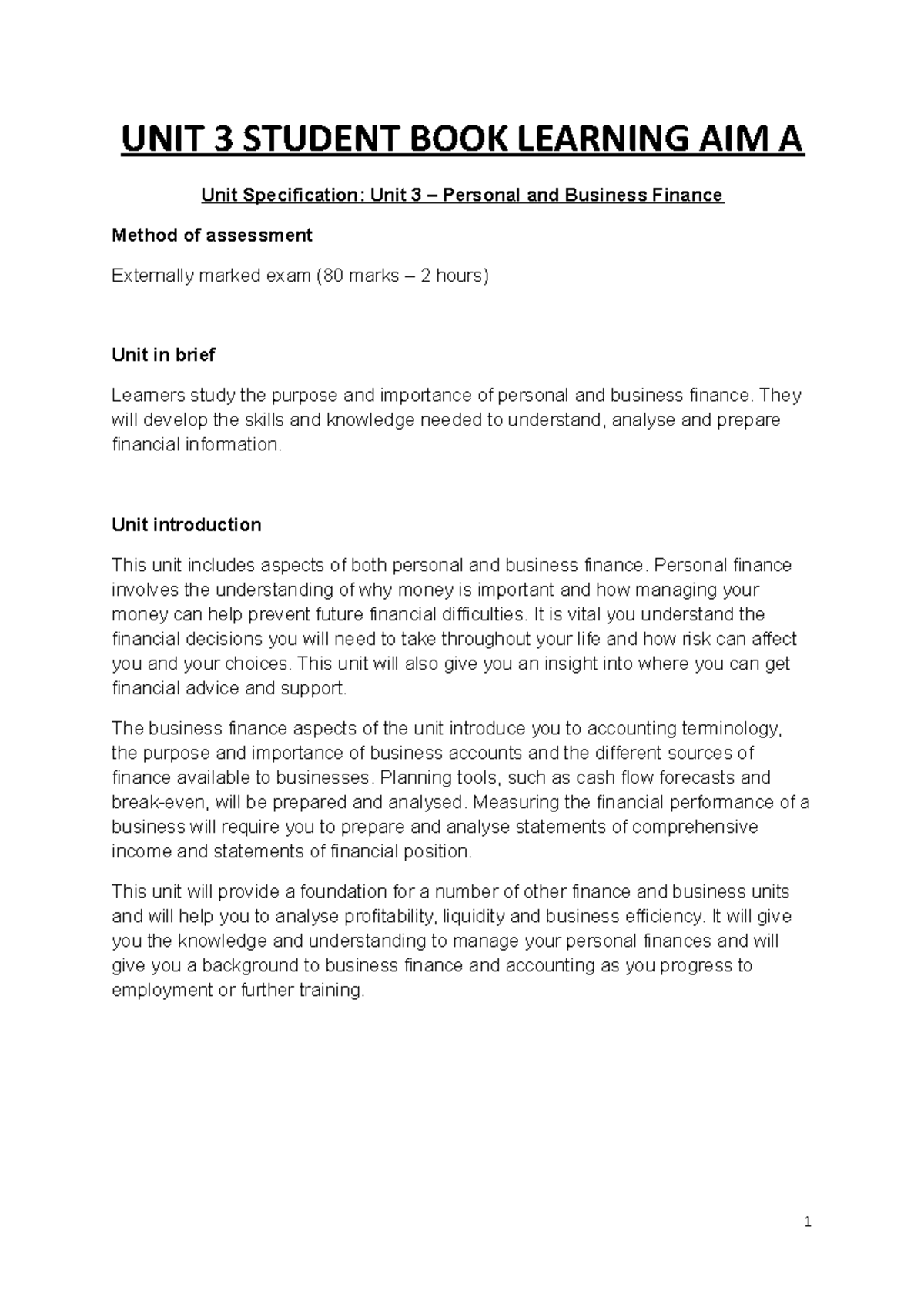 UNIT 3 Student BOOK Learning AIM A page 5 - UNIT 3 STUDENT BOOK LEARNING AIM A Unit ...