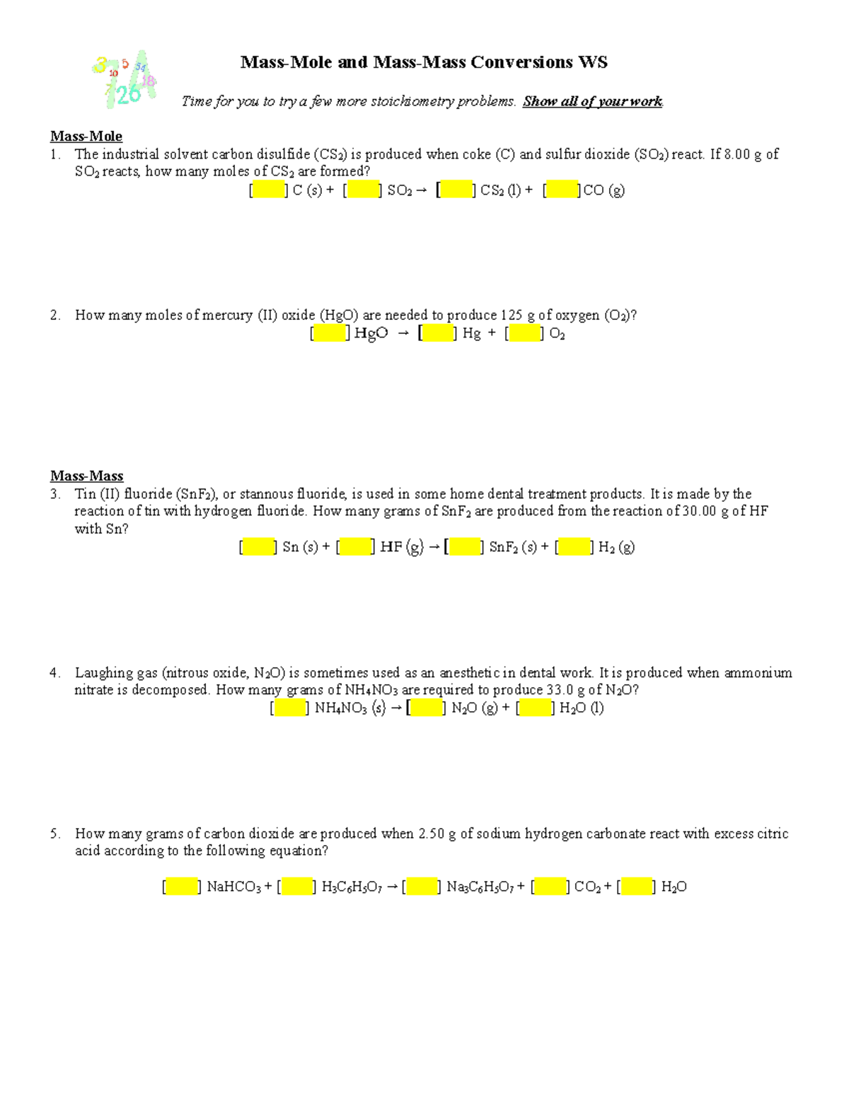Copy of Mass to Mole and Mass to Mass Conversions WS - Mass-Mole and ...