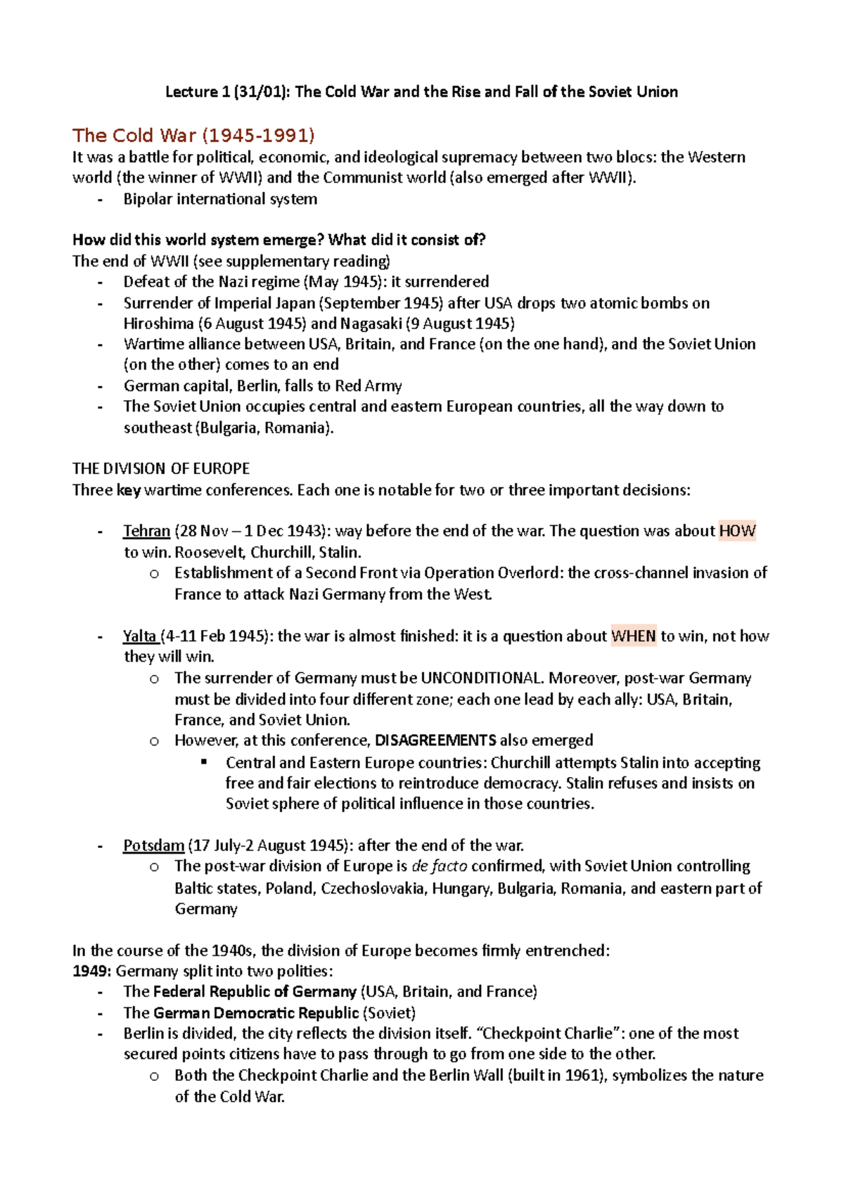 Lecture 1 - Lecture 1 (31/01): The Cold War and the Rise and Fall of ...
