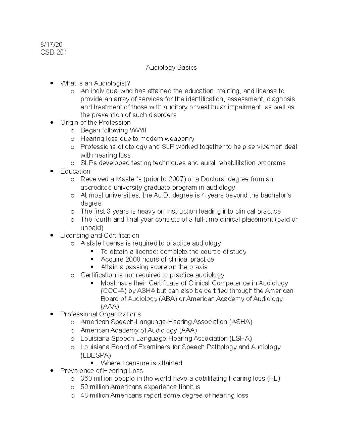 Lecture 1 Notes - 8/17/ CSD 201 Audiology Basics What is an Audiologist ...