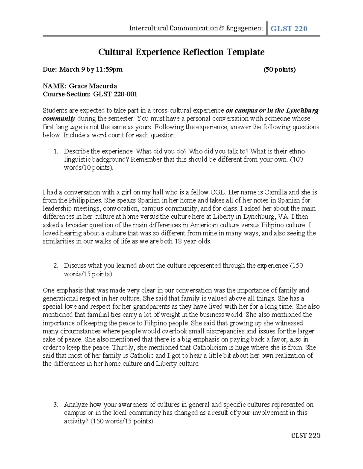 GLST Cuultural Experience Reflection - You must have a personal ...