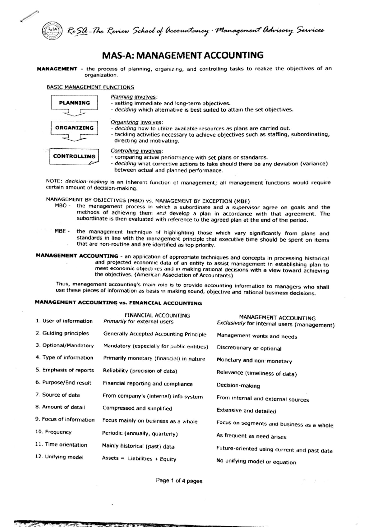 MAS A - Management Accounting - BS accountancy - Studocu