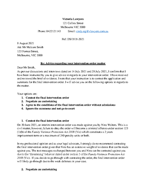 Letter of advice assessment - Task A letter of advice on a statutory ...