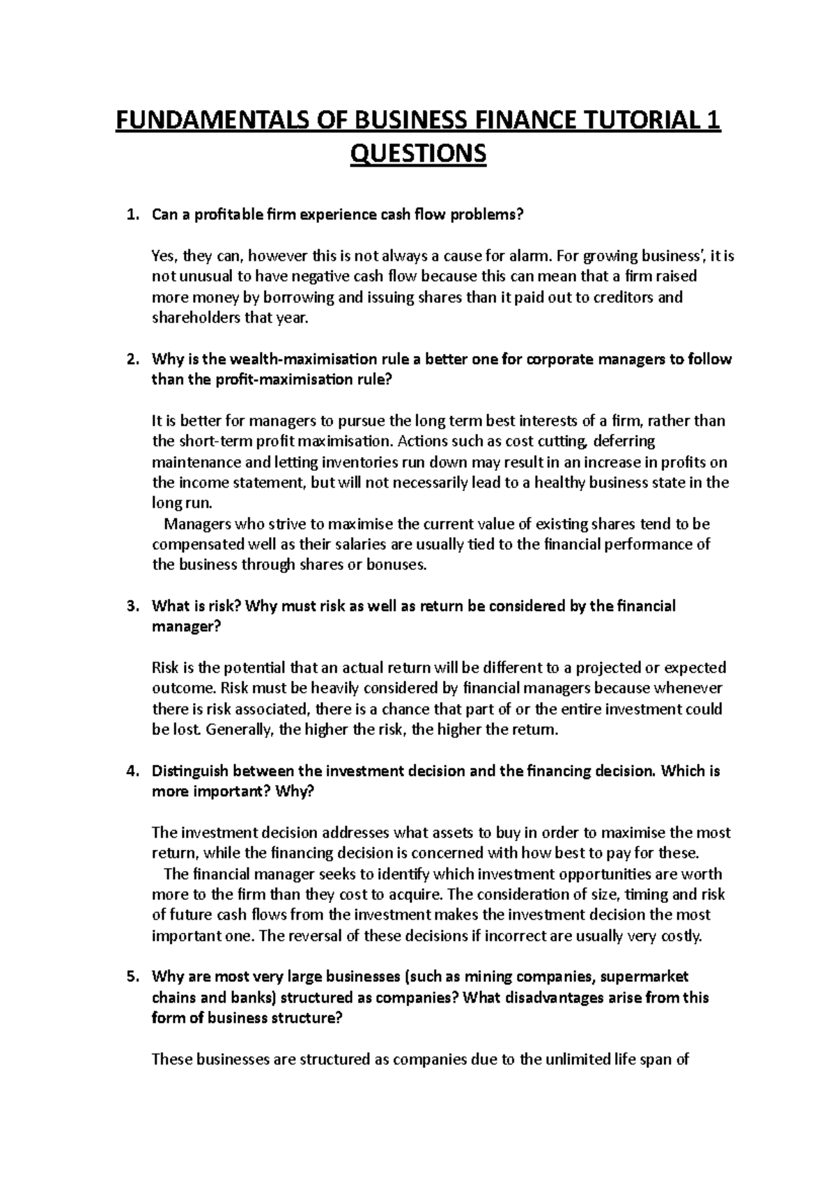 Fundamentals of Business Finance Tutorial 1 Questions - Studocu