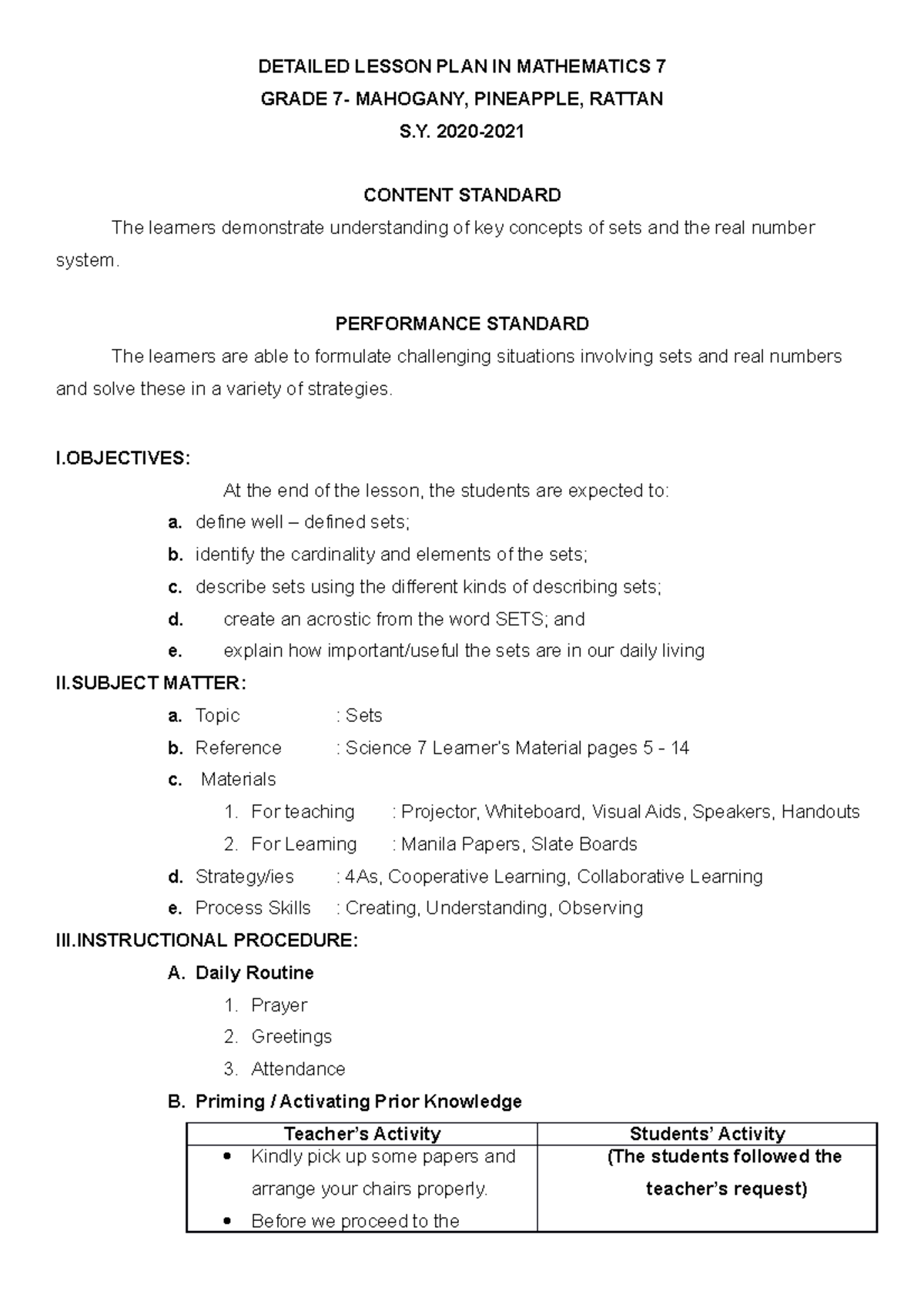 LP (SETS) - math 7 - DETAILED LESSON PLAN IN MATHEMATICS 7 GRADE 7 ...