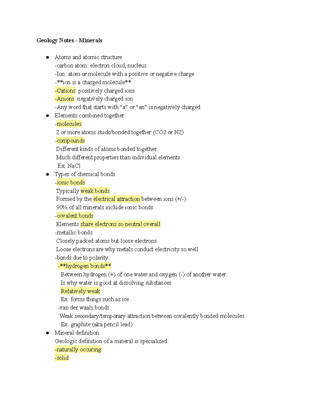 GEOL121 - Physical Geology Notes (Minerals) - Geology Notes - Minerals ...