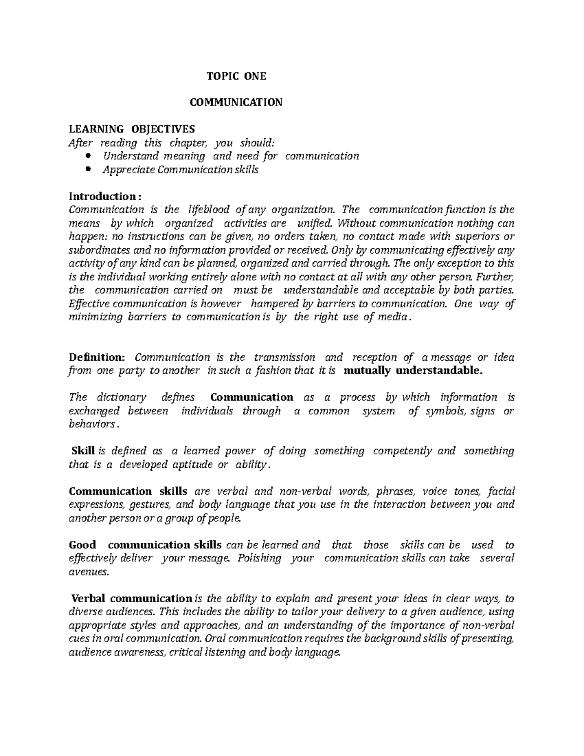 Module ONE Notes - Introduction - TOPIC ONE COMMUNICATION LEARNING ...
