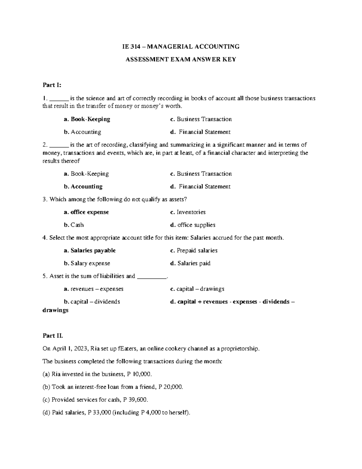 Managerial Accounting Assessment Exam ANSWER KEY - IE 314 – MANAGERIAL ...