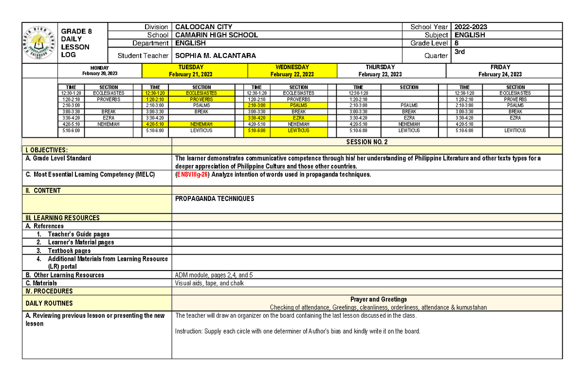 Revised Session 2 DLL Alcantara - GRADE 8 DAILY LESSON LOG Division ...