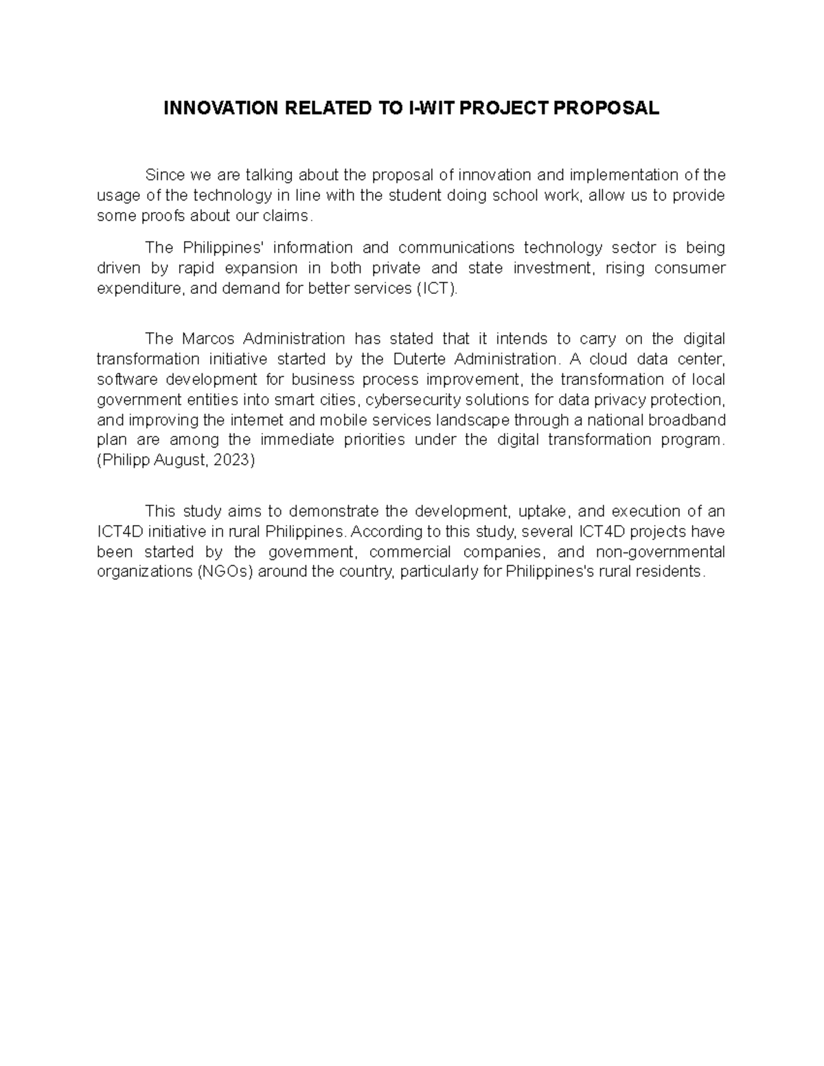 Innovation Related TO I - INNOVATION RELATED TO I-WIT PROJECT PROPOSAL ...