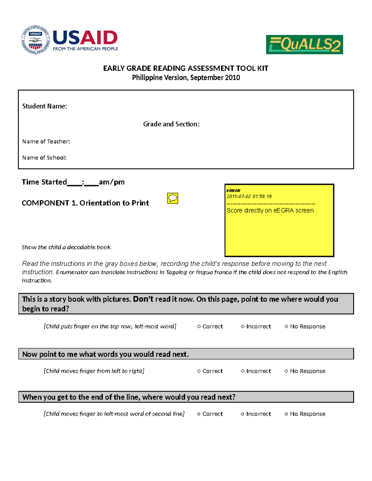 EGRA English protocol converted - Student Name: Grade and Section: Name ...