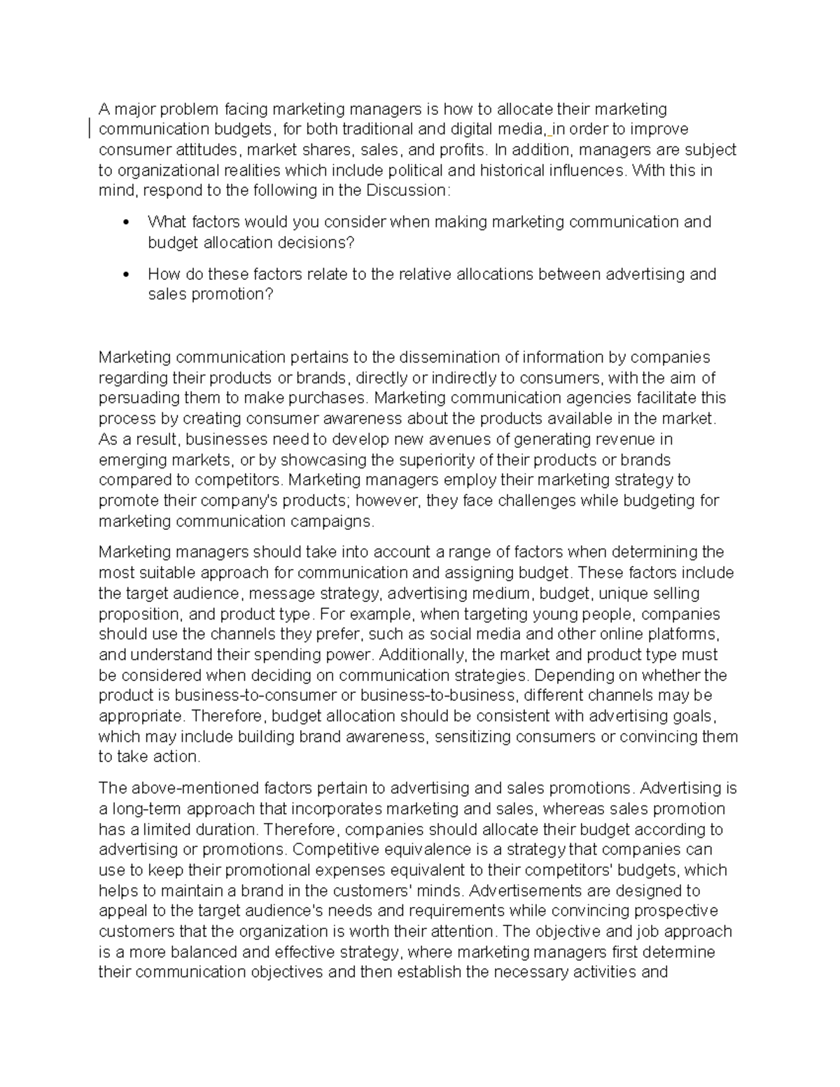 Marketing discussion Unit 6 - A major problem facing marketing managers ...