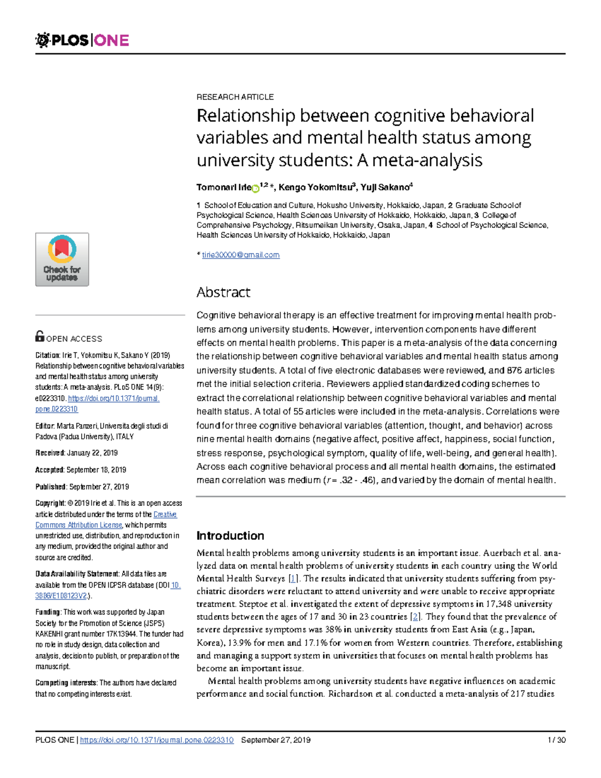 Relationship between cognitive behavioral variables and mental health ...