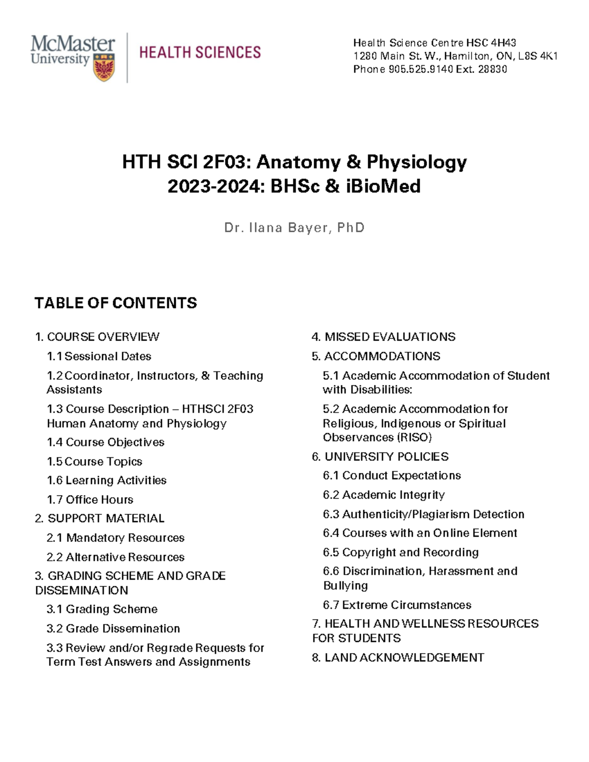 2F03 Fall 2023 Course Syllabus - HTH SCI 2F03: Anatomy & Physiology ...