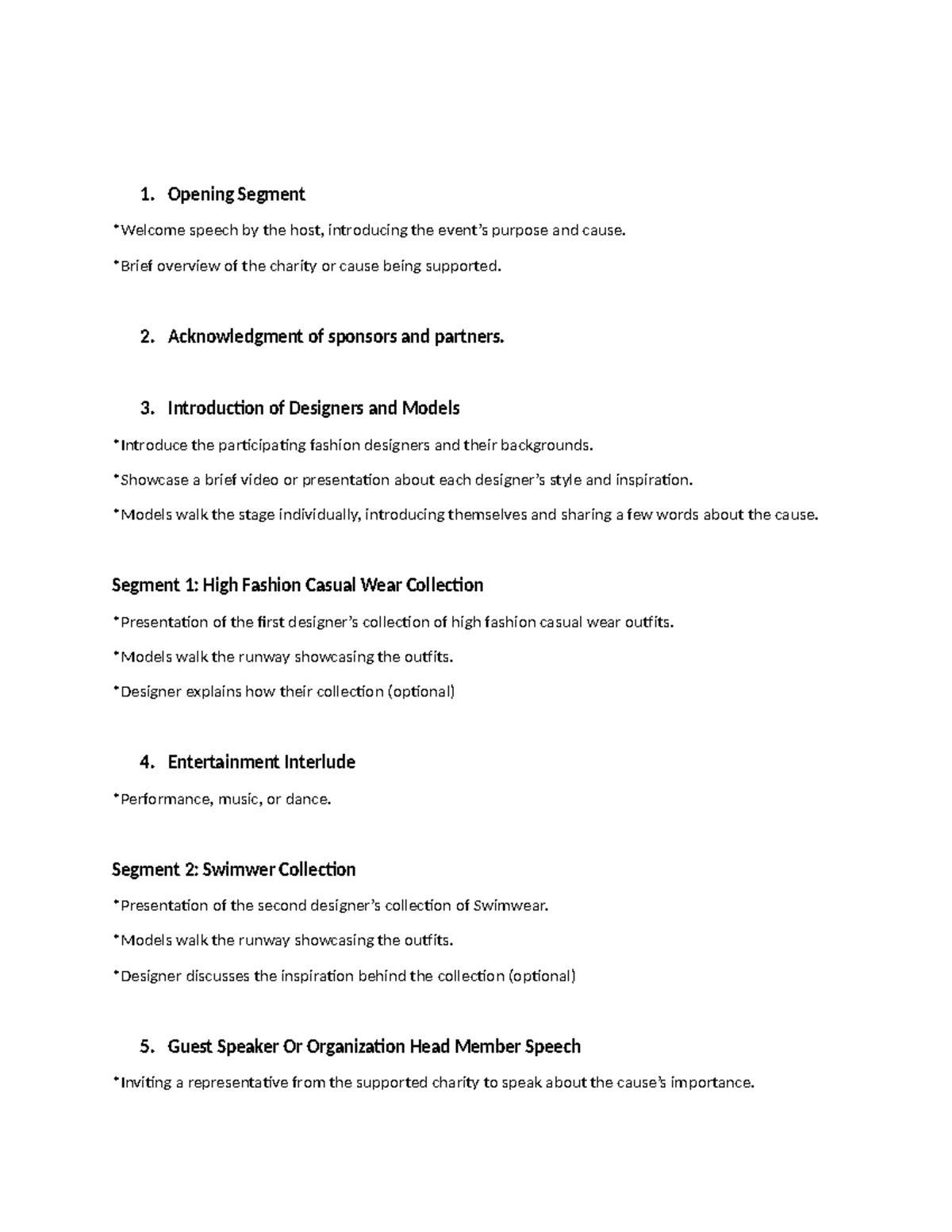 Fashion Show Program Flow - 1. Opening Segment *Welcome speech by the ...
