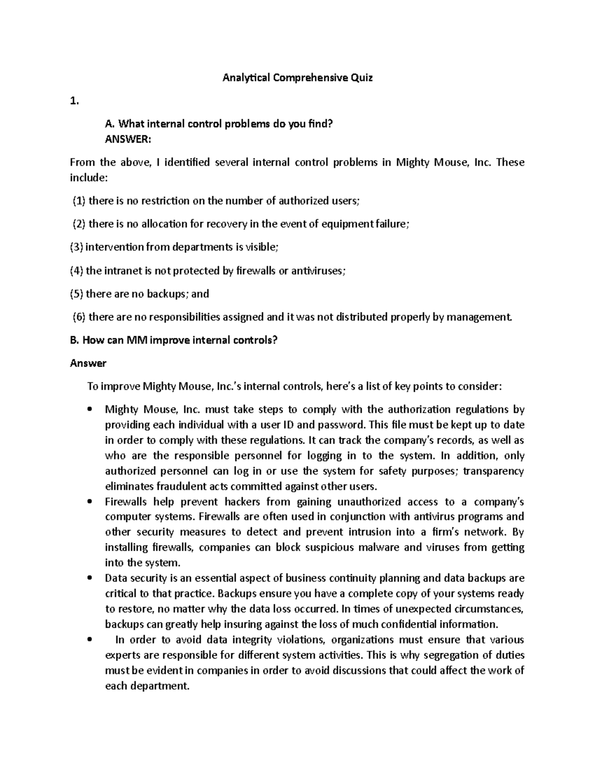 Analytical Comprehensive Quiz - What internal control problems do you ...