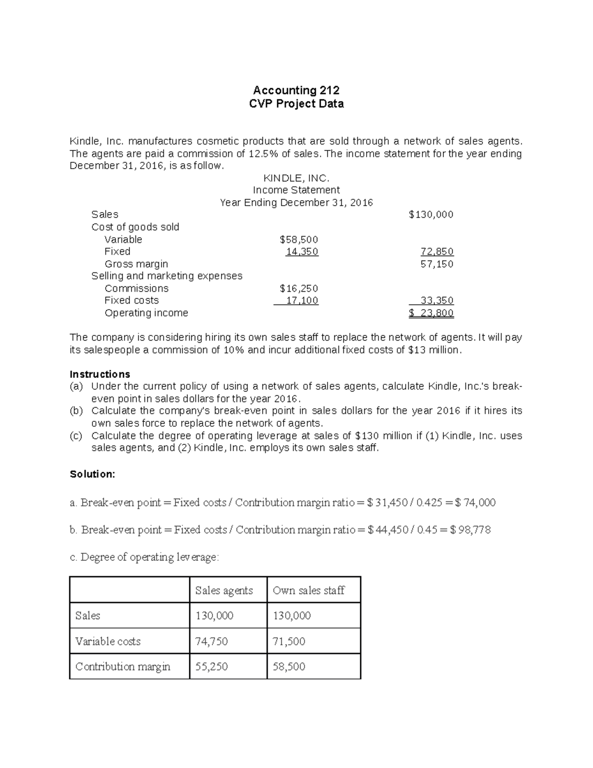 Acct 212 CVP Project Fall Kindle Student For Cost Accounting - Sharif ...