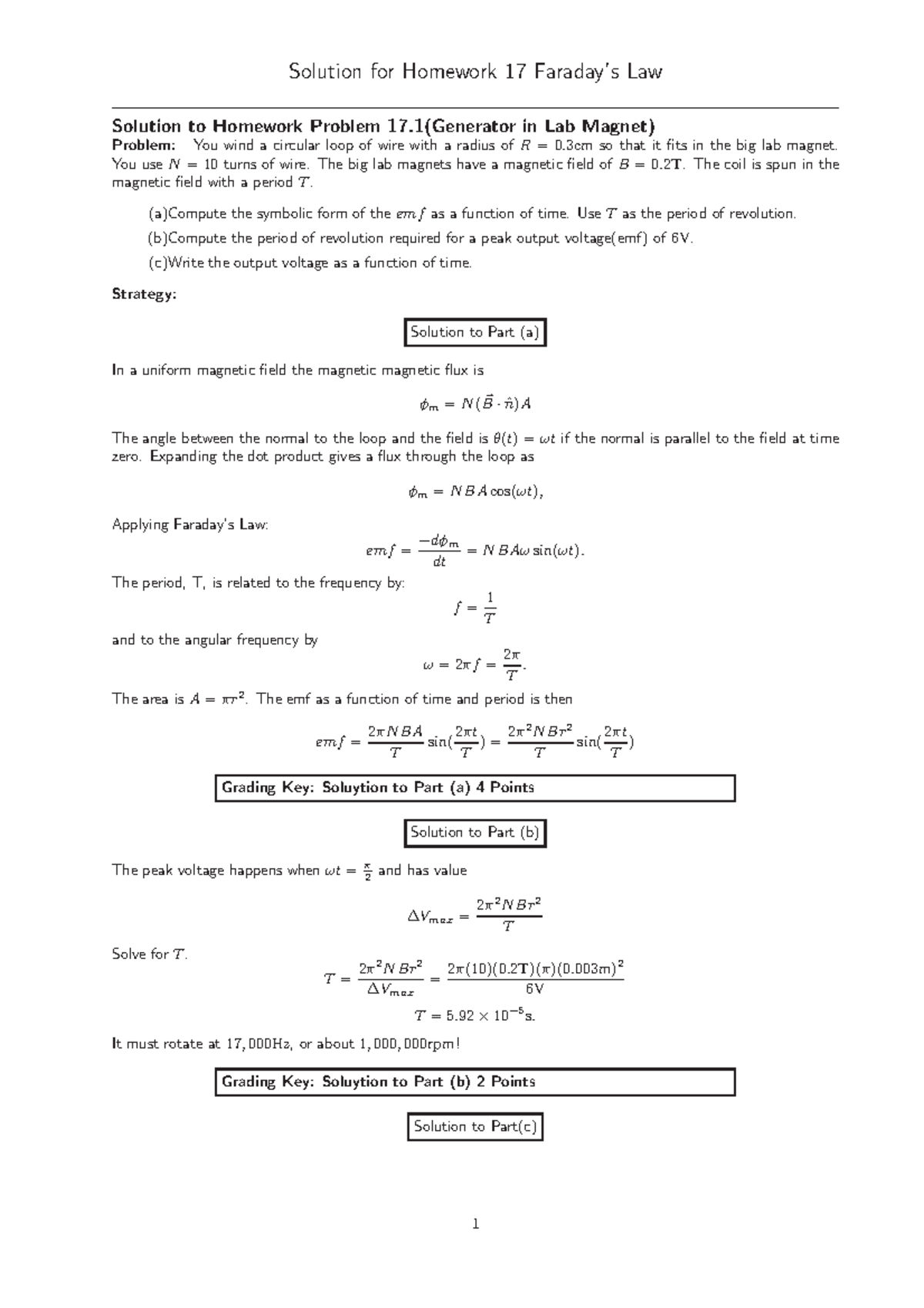 OR HW 17 - Solution for Homework 17 Faraday’s Law Solution to Homework Problem 17(Generator in ...
