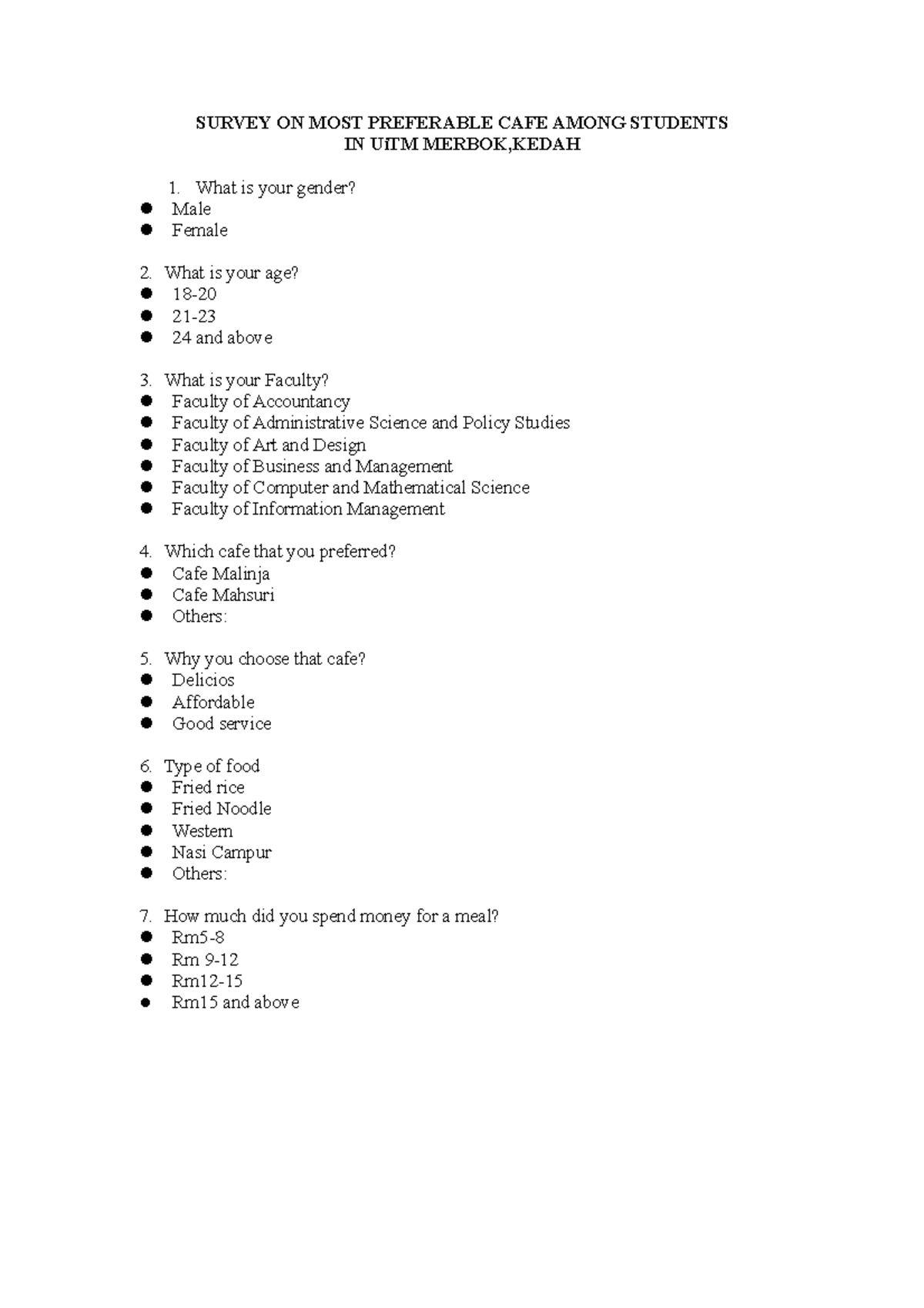 Survey ON MOST Preferable CAFE Among Students - SURVEY ON MOST ...