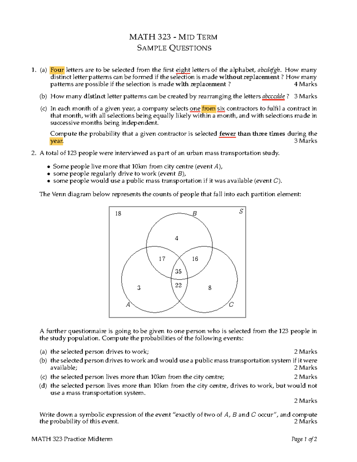 Sample/practice exam 2018, questions - MATH 323 M ID T ERM S AMPLE Q ...