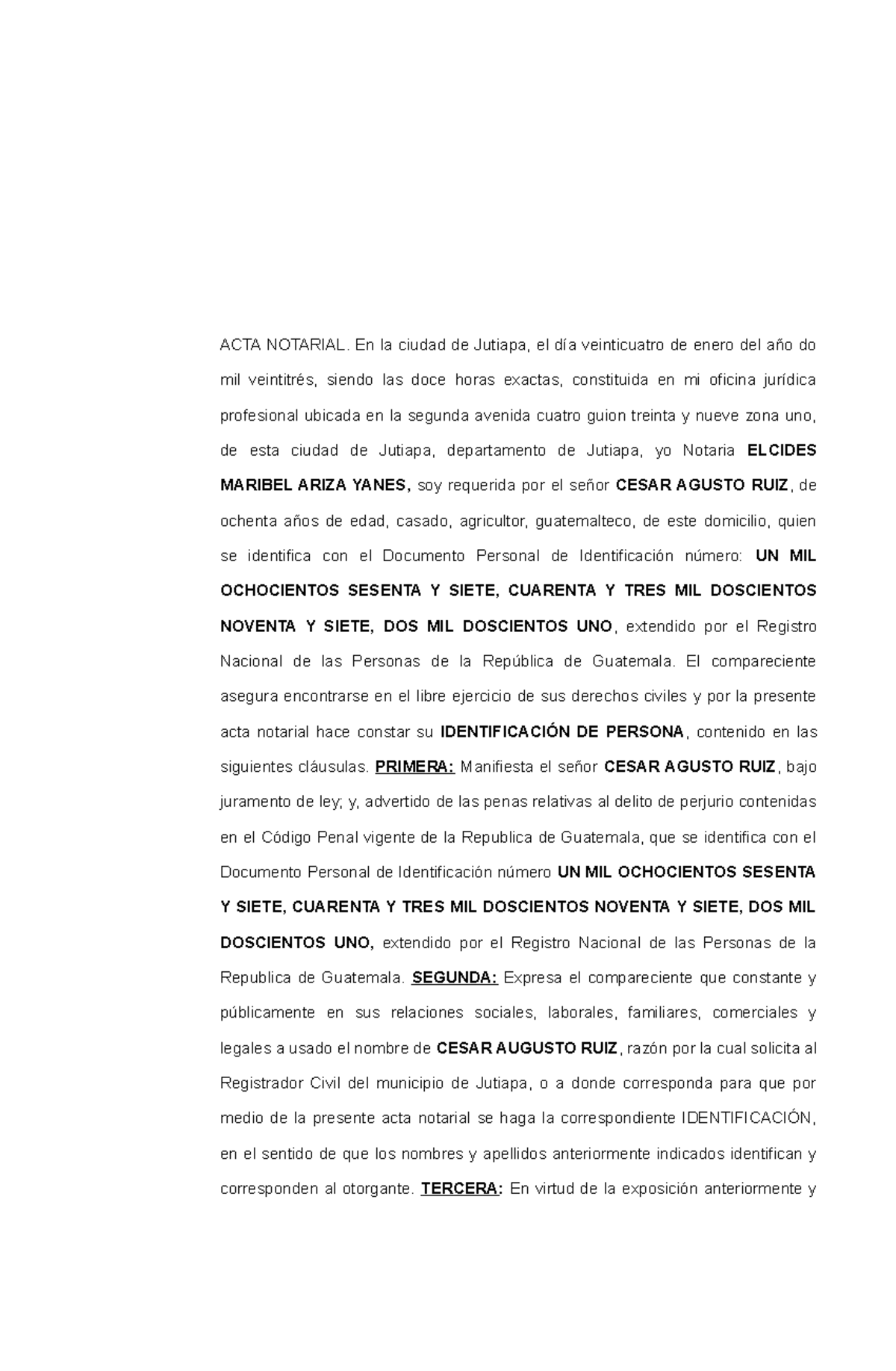 Identificación DE Persona ACTA Notarial - ACTA NOTARIAL. En la ciudad ...