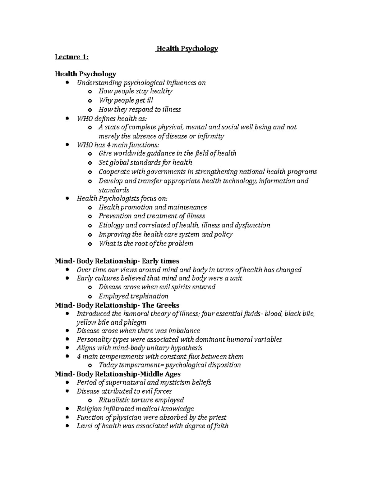 Health Psyc notes copy - Health Psychology Lecture 1: Health Psychology ...