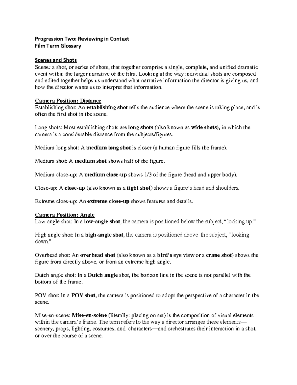 Progression 2 Film Terms Glossary - Progression Two: Reviewing in ...